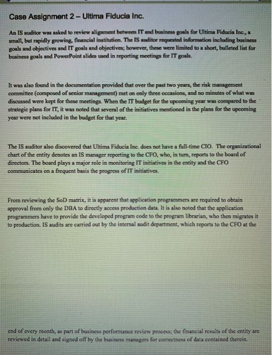 Solved Case Assignment 2- Ultima Fiducia Inc. An IS auditor | Chegg.com