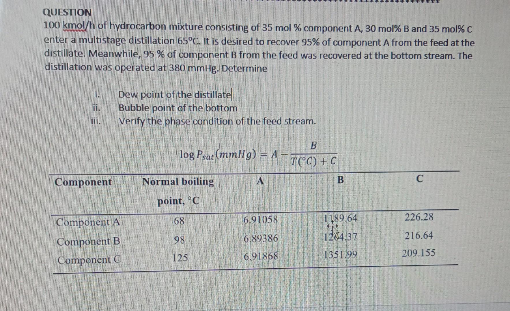 100kmol/h of hydrocarbon mixture consisting of 35 | Chegg.com