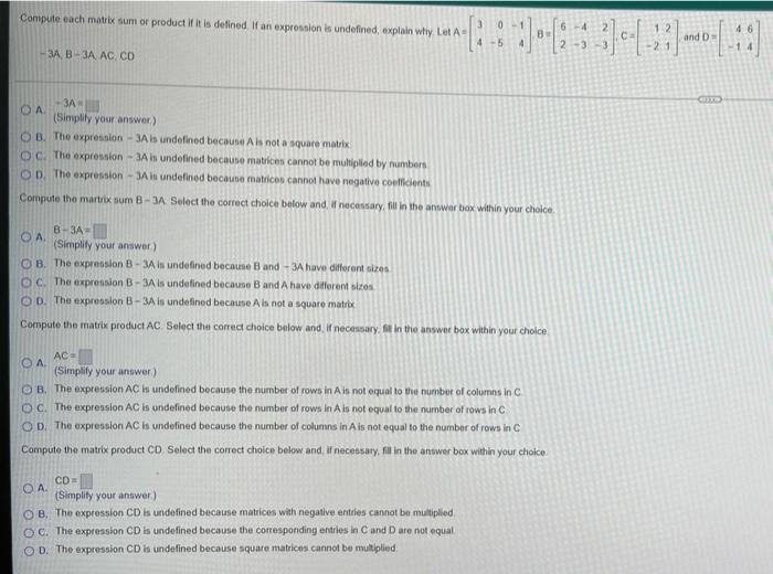 Solved Compute each matrix sum or product if it is defined. | Chegg.com