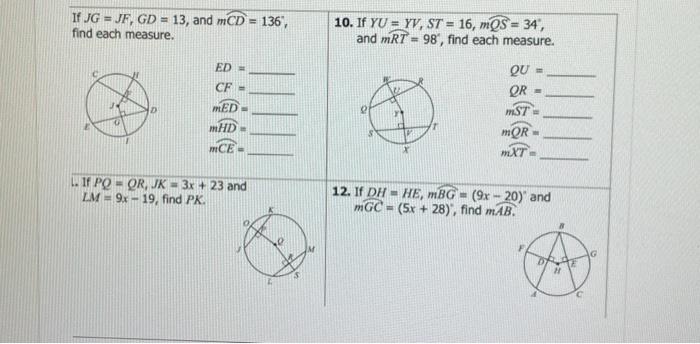 Solved If JG=JF,GD=13, and mCD=136, find each measure. 10. | Chegg.com