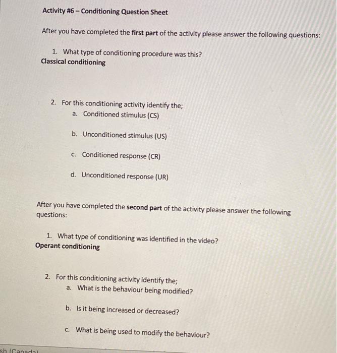 Solved Activity #6 - Conditioning Question Sheet After you | Chegg.com