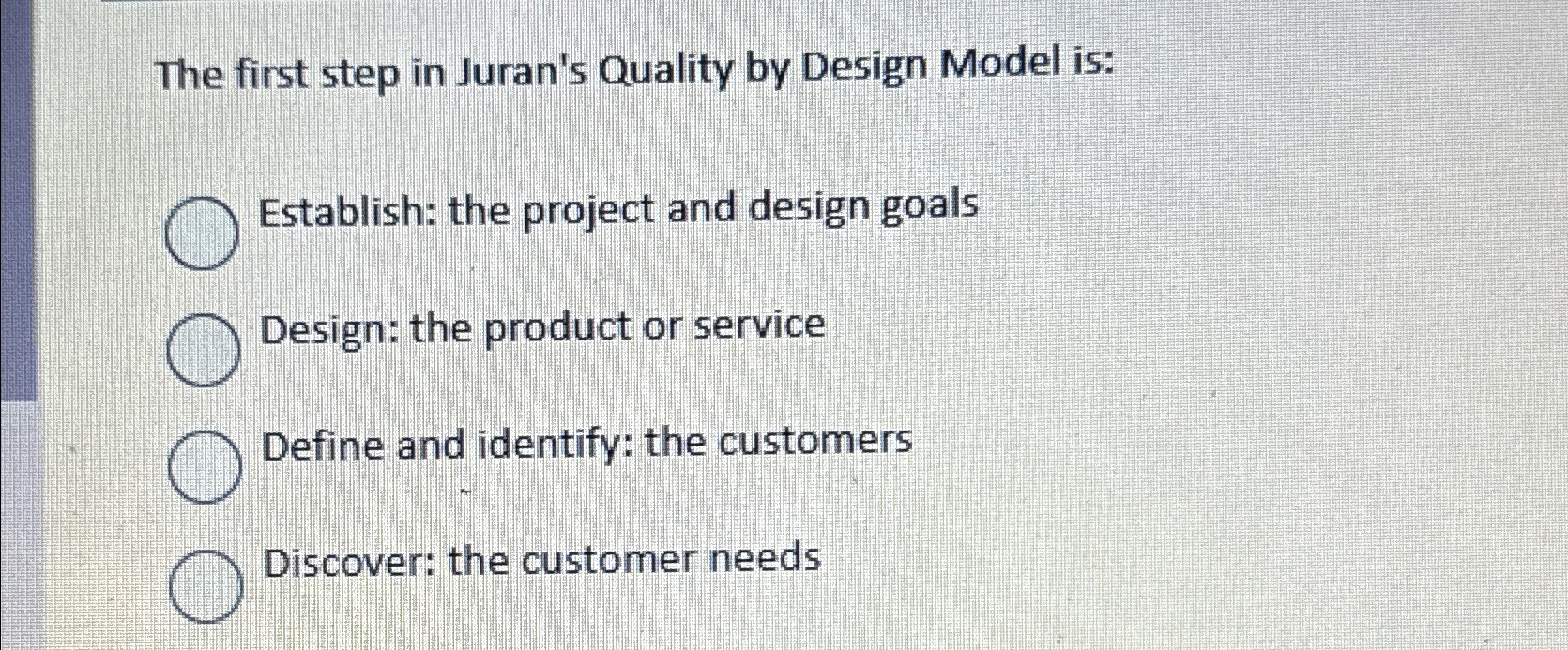 Solved The first step in Juran's Quality by Design Model | Chegg.com