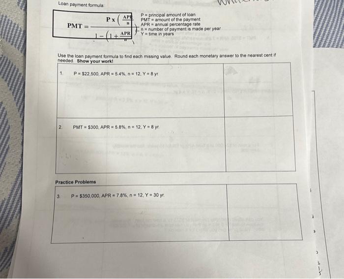 Solved Loan payment formula: 1. 2. PMT: = 3. Px Practice | Chegg.com