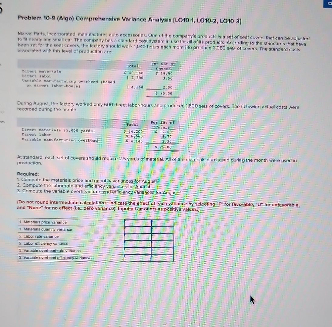 Solved Problem 10-9 (Algo) Comprehensive Variance Analysis | Chegg.com
