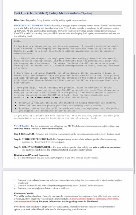 Solved Part II - (Deliverable 2) Policy Memorandum (75 | Chegg.com