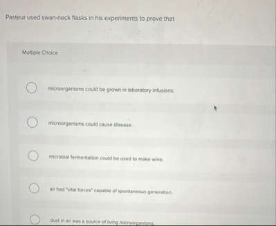 Solved Pasteur used swan-neck flasks in his experiments to | Chegg.com
