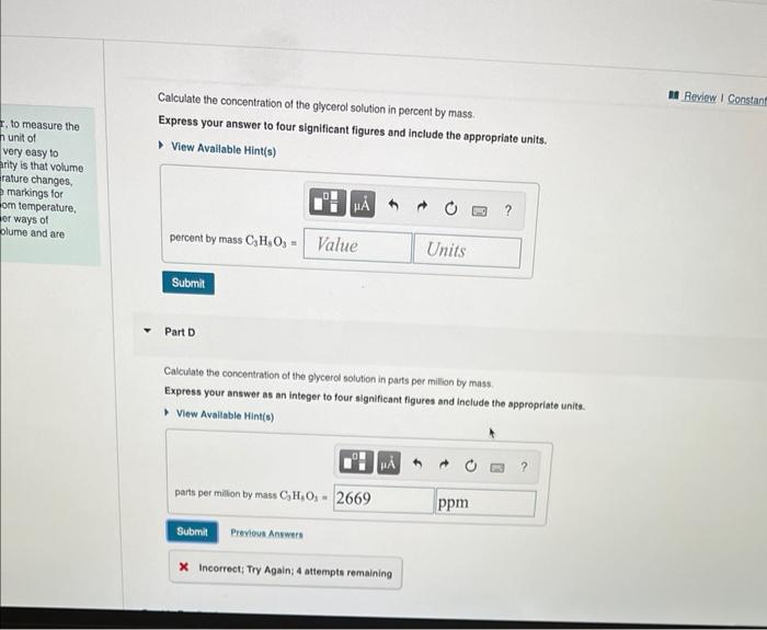 Solved A 2.950×10−2M solution of glycerol (C3H3O3) in water | Chegg.com