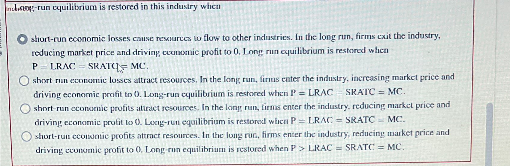 Solved Incbrogg-run equilibrium is restored in this industry | Chegg.com