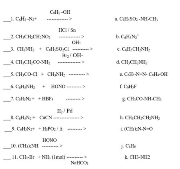 Solved C6H5-OH 1. CoHs -Nz + 2. CH3CH₂CH₂NO₂ 3. CH3NH₂ + | Chegg.com