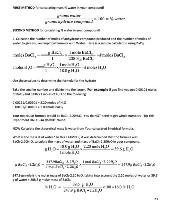 Solved FIRST METHOD for calculating mass % water in your | Chegg.com