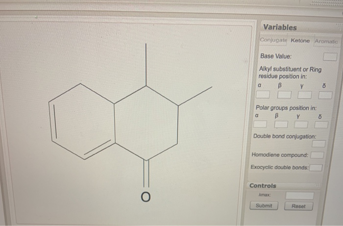 Solved Variables Conjugate Ketone Aromatic Base Value: Alkyl | Chegg.com