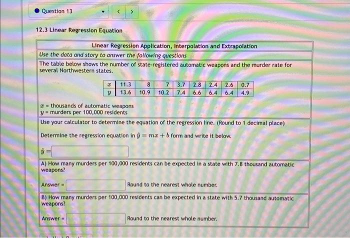 Solved 12.3 Linear Regression Equation Linear Regression | Chegg.com