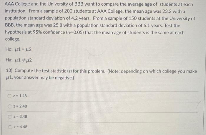 Solved AAA College and the University of BBB want to compare | Chegg.com