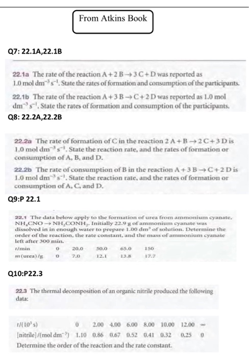 Solved From Atkins Book Q7: 22.1A,22.1B 22.1a The rate of | Chegg.com
