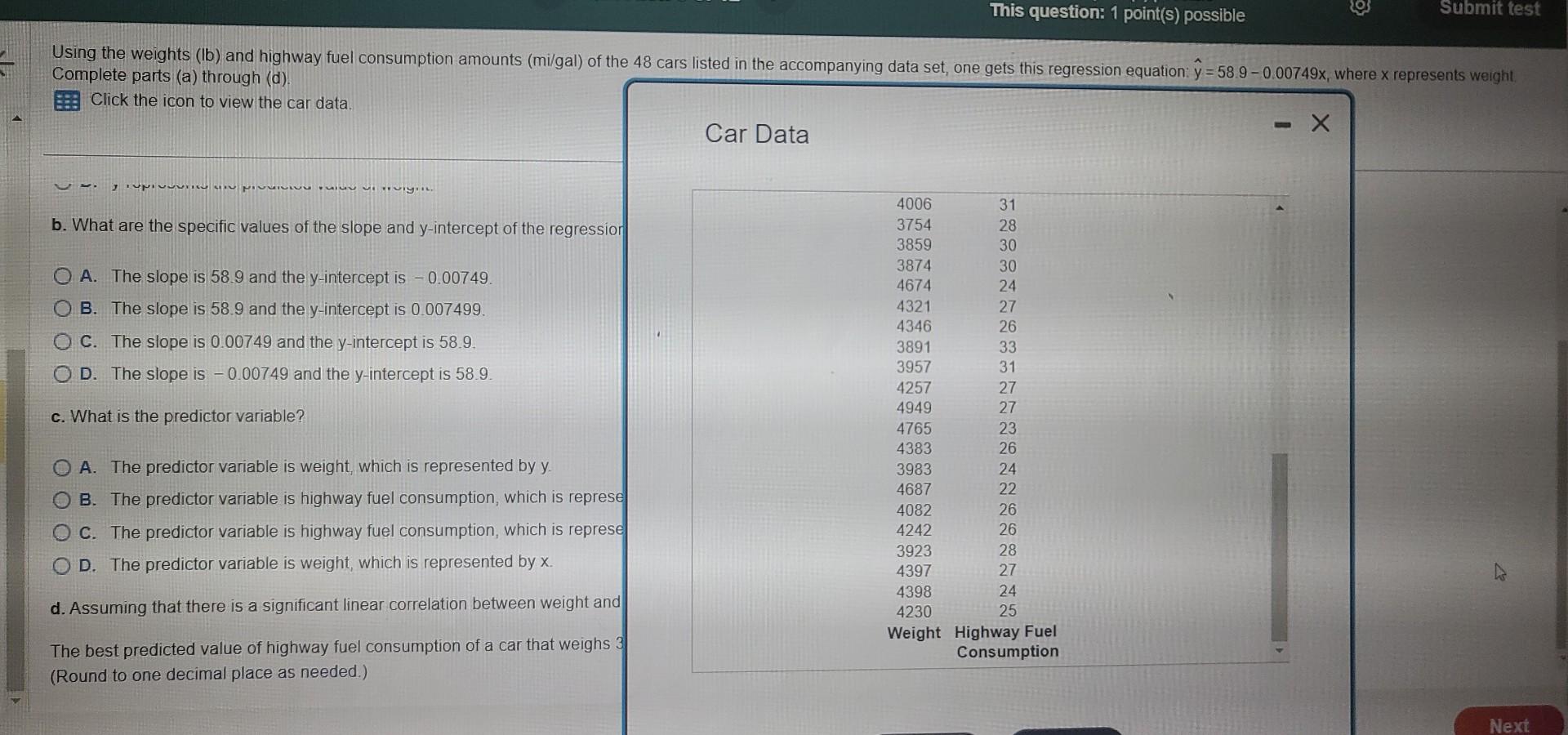 Solved Using the weights (Ib) and highway fuel consumption | Chegg.com