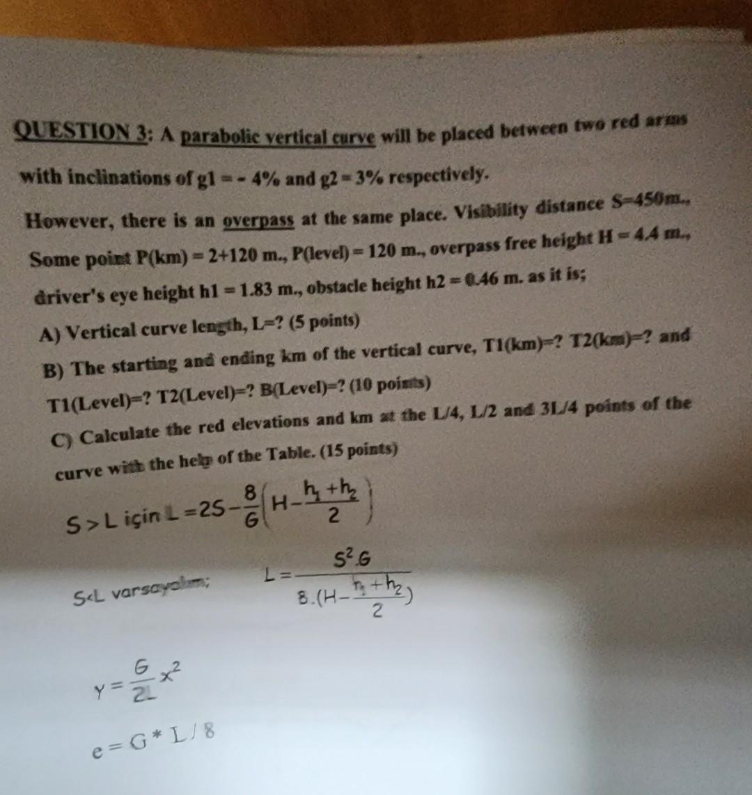 Solved QUESTION 3: A parabolic vertical curve will be placed | Chegg.com