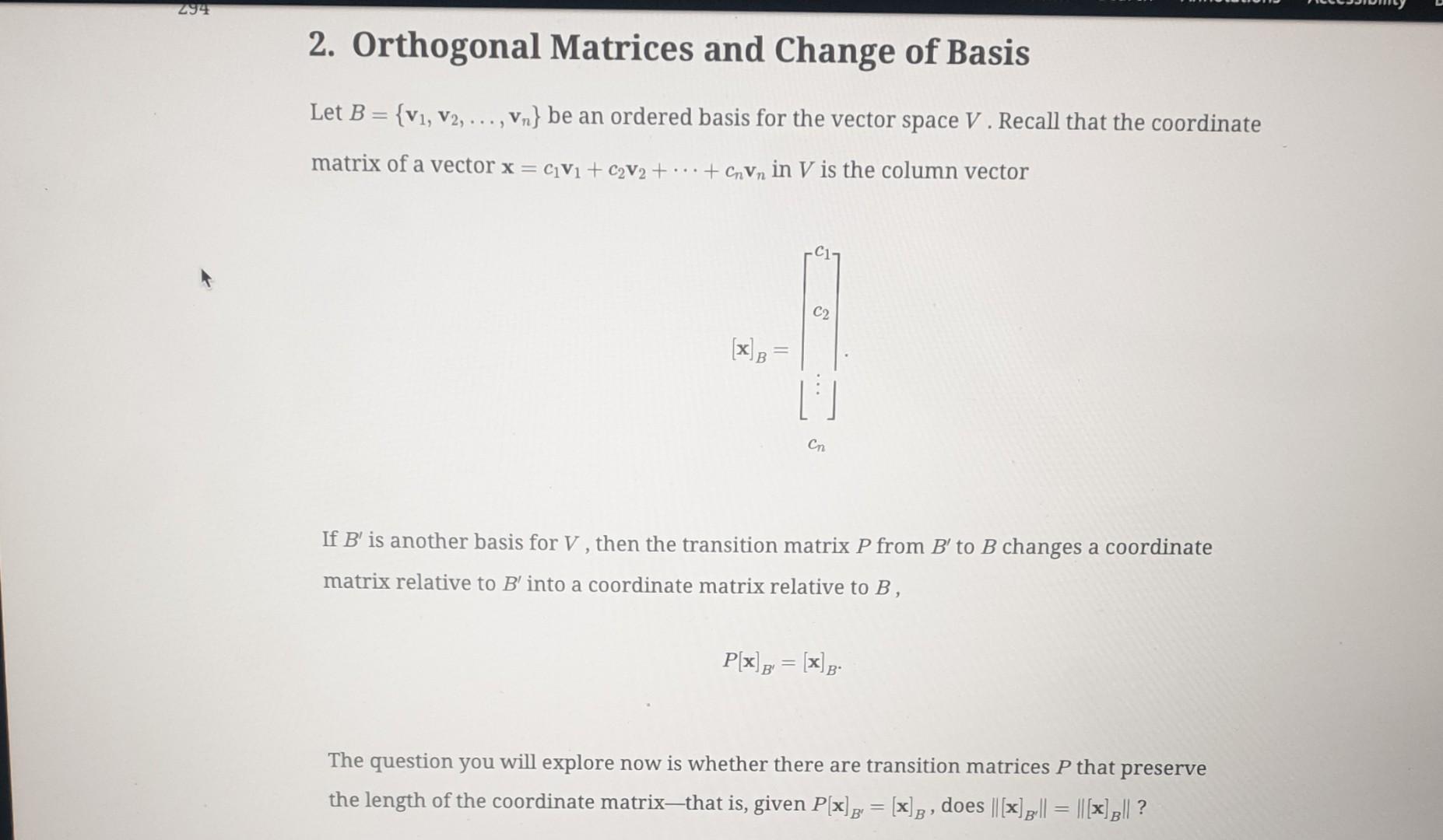Solved 2. Orthogonal Matrices and Change of Basis Let | Chegg.com