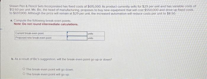 Solved Shawn Pen \& Pencil Sets incorporated has fixed costs | Chegg.com