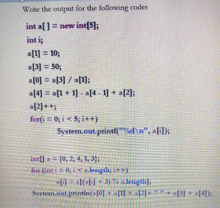 Solved Write the output for the following codes int a[] = | Chegg.com