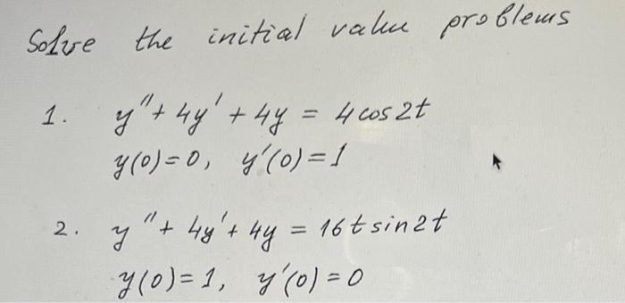 Solved Solve the initial value problems 1. y′′+4y′+4y=4cos2t | Chegg.com