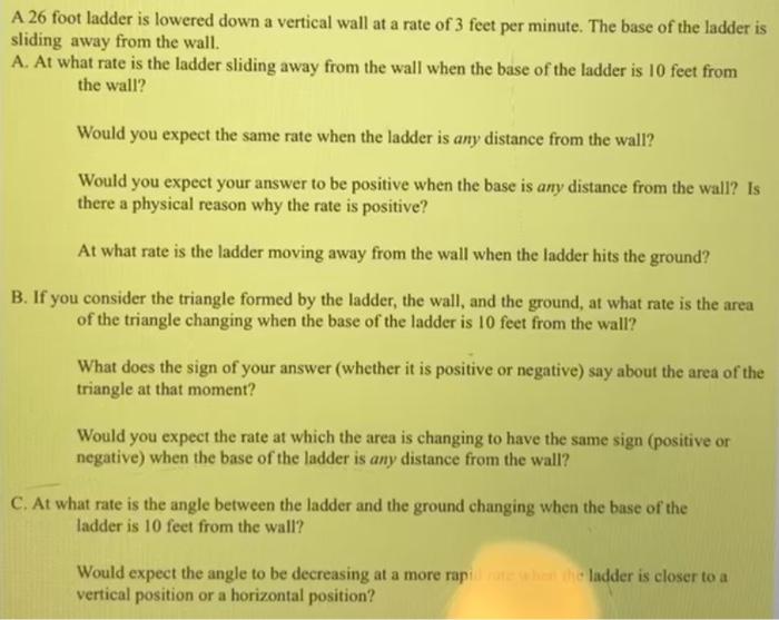 Solved A 26 foot ladder is lowered down a vertical wall at a | Chegg.com