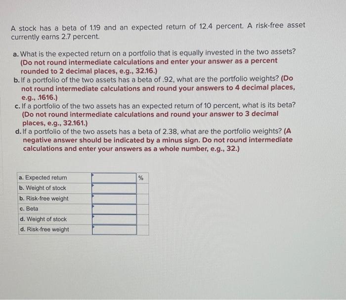 Solved A stock has a beta of 1.19 and an expected return of | Chegg.com