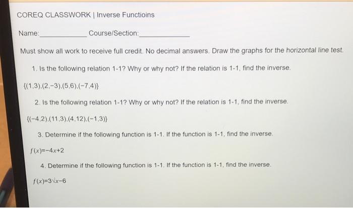 Solved COREQ CLASSWORK | Inverse Functions Name: | Chegg.com