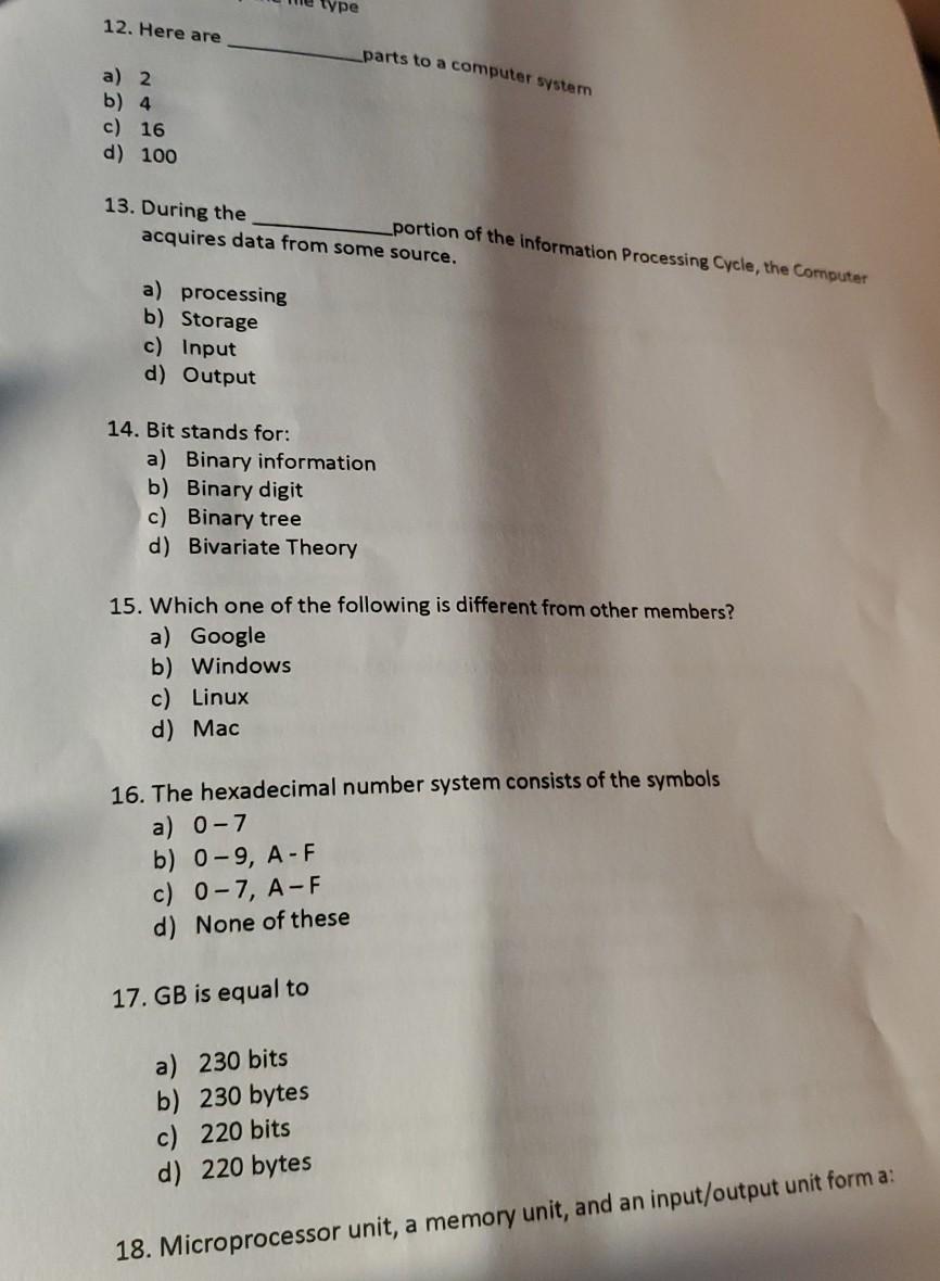 Solved type 12. Here are parts to a computer system a) 2 b) | Chegg.com
