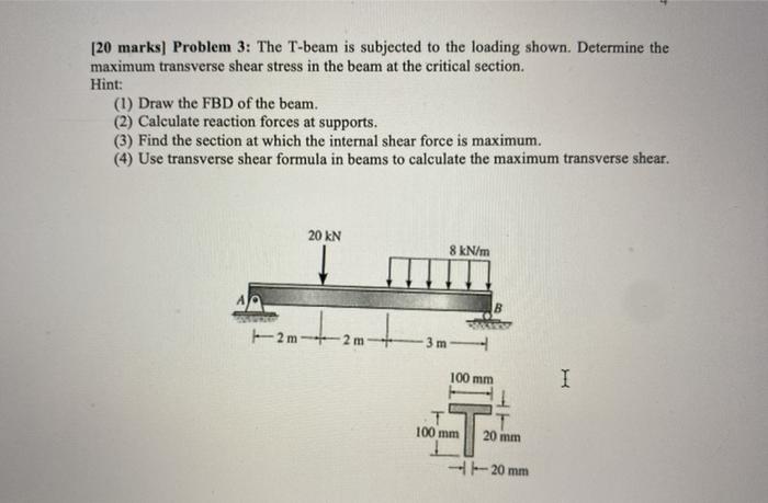 Solved [20 marks] Problem 3: The T-beam is subjected to the | Chegg.com