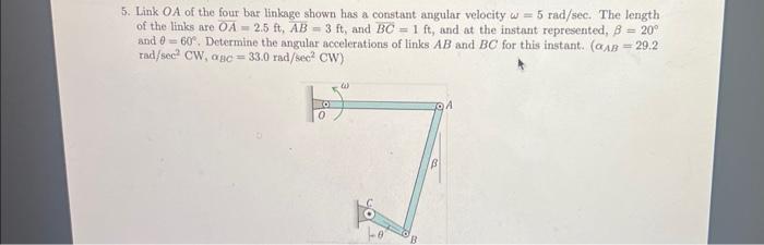 Solved 5. Link OA of the four bar linkage shown has a | Chegg.com