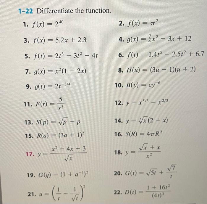 Solved 1-22 Differentiate the function. 1. f(x)=240 2. | Chegg.com