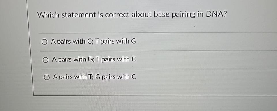 Solved Which statement is correct about base pairing in | Chegg.com