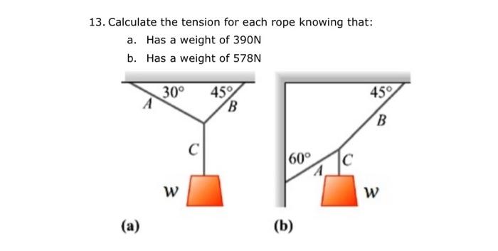 Solved 13. Calculate the tension for each rope knowing that: | Chegg.com