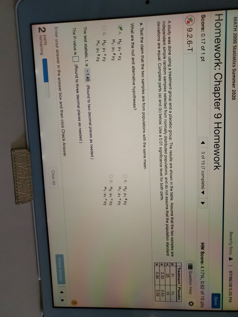 Solved MATH 2000 Statistics Summer 2020 Beverly Ross & | Chegg.com