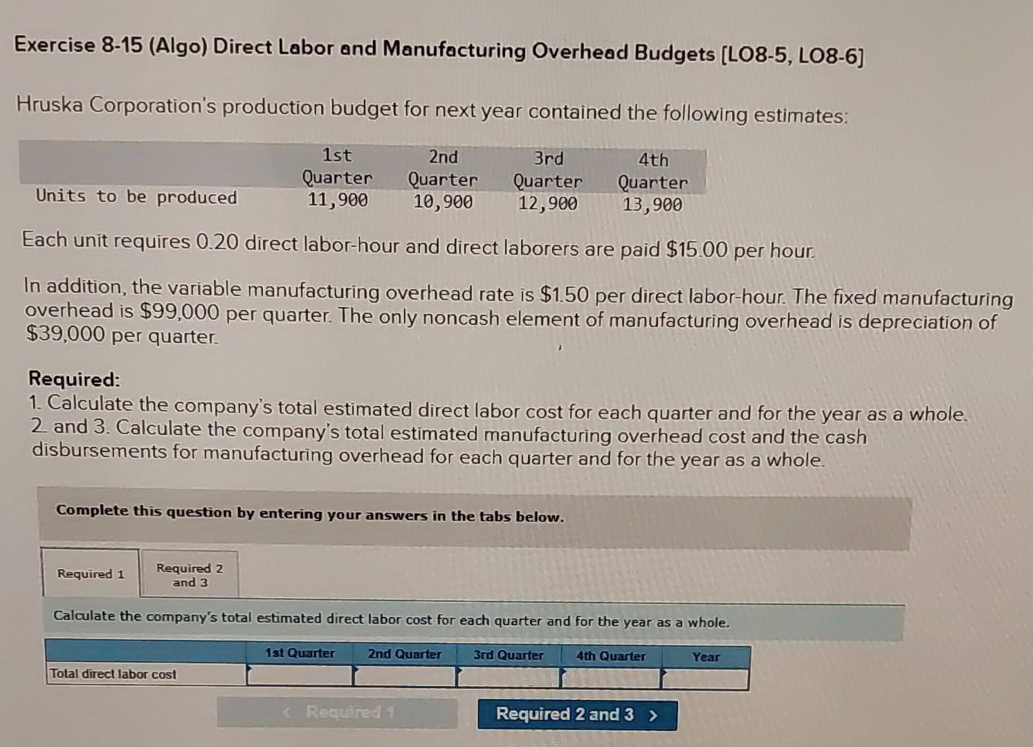 Solved Exercise 8-15 (Algo) Direct Labor and Manufacturing | Chegg.com