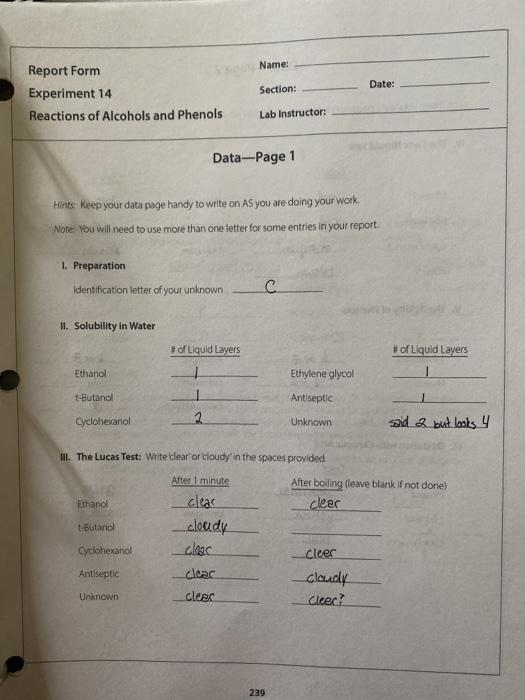 Solved Name Report Form Experiment 14 Reactions Of Alcohols