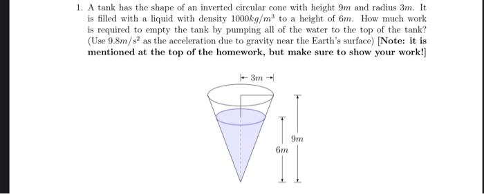 Solved 1. A tank has the shape of an inverted circular cone | Chegg.com