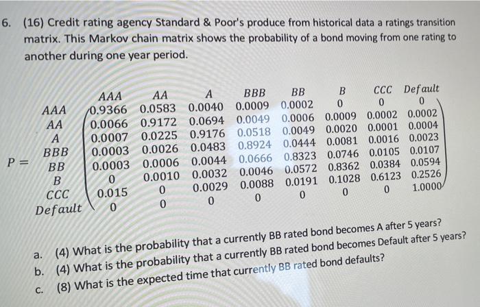 Solved 6. (16) Credit rating agency Standard & Poor's | Chegg.com