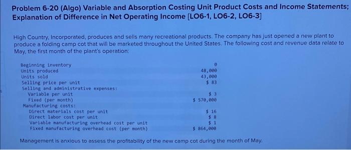 Solved Problem 6-20 (Algo) Variable and Absorption Costing | Chegg.com