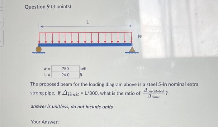 Solved Question 7 ( 2 points) w=L=b/ft it The proposed beam | Chegg.com