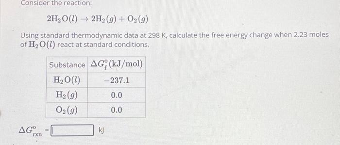 Solved Consider the reaction: 2H₂O(1)→ 2H2(g) + O2(g) Using | Chegg.com