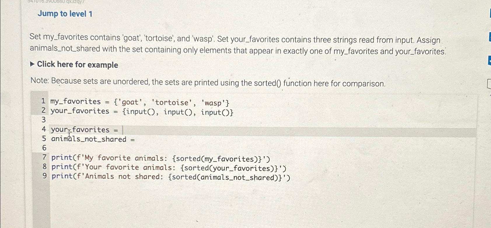 Solved Jump to level 1Set my_favorites contains 'goat', | Chegg.com