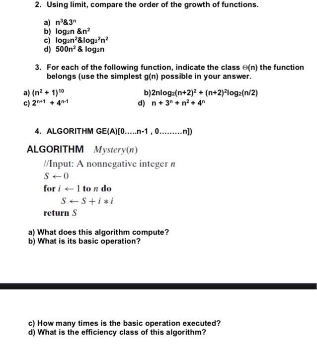 Solved 2. Using limit, compare the order of the growth of | Chegg.com