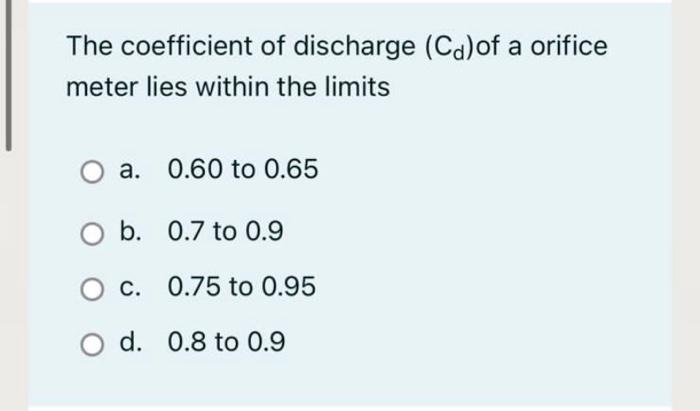 Solved The coefficient of discharge (Cd)of a orifice meter | Chegg.com