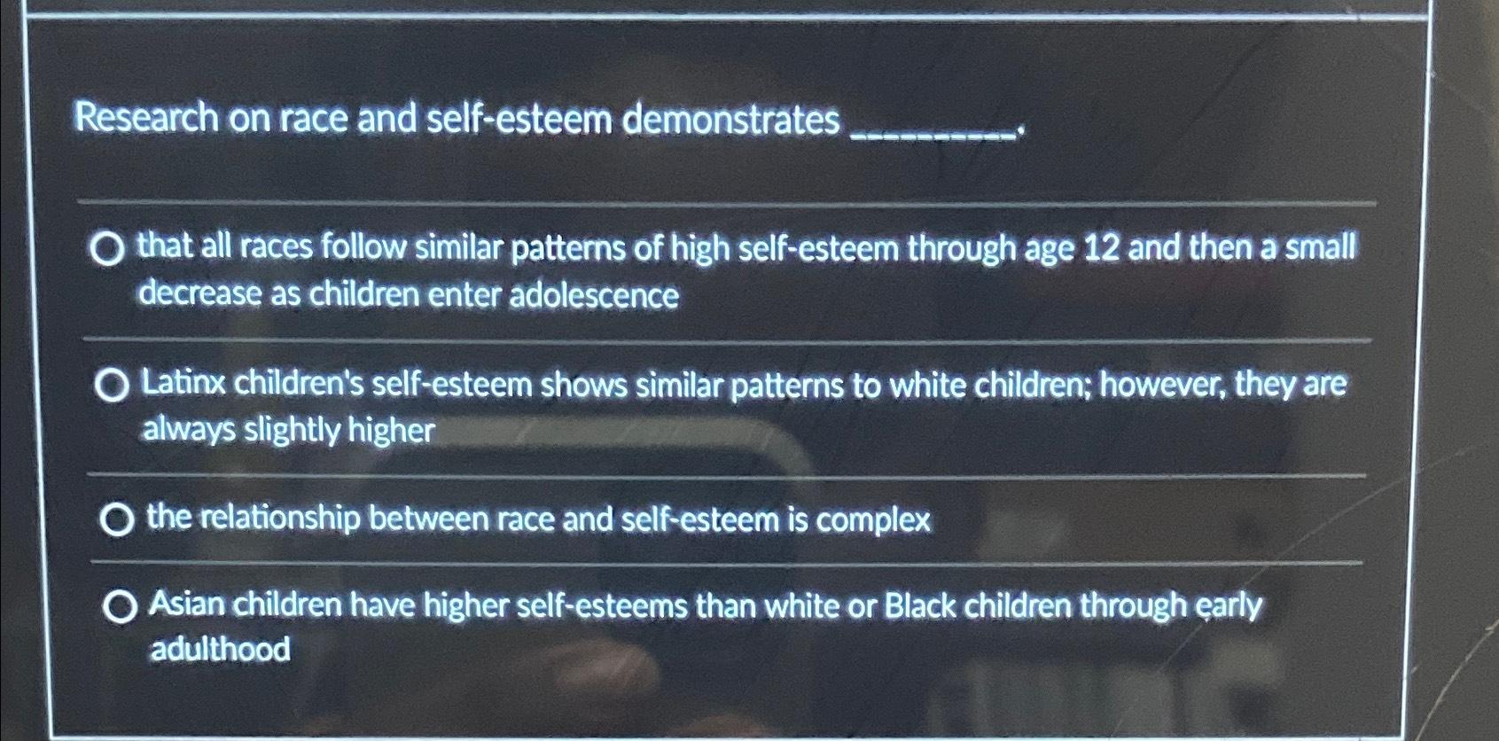 Solved Research on race and self-esteem demonstratesthat all | Chegg.com