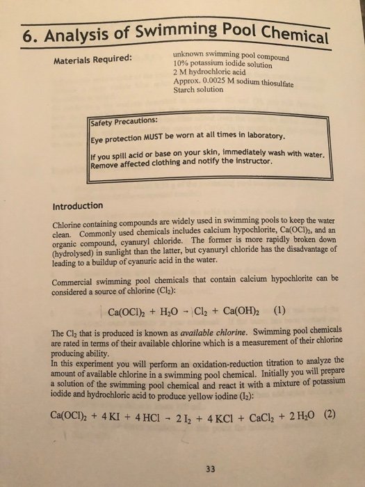 Solved 6. Analysis of Swimming Pool Chemical unknown | Chegg.com