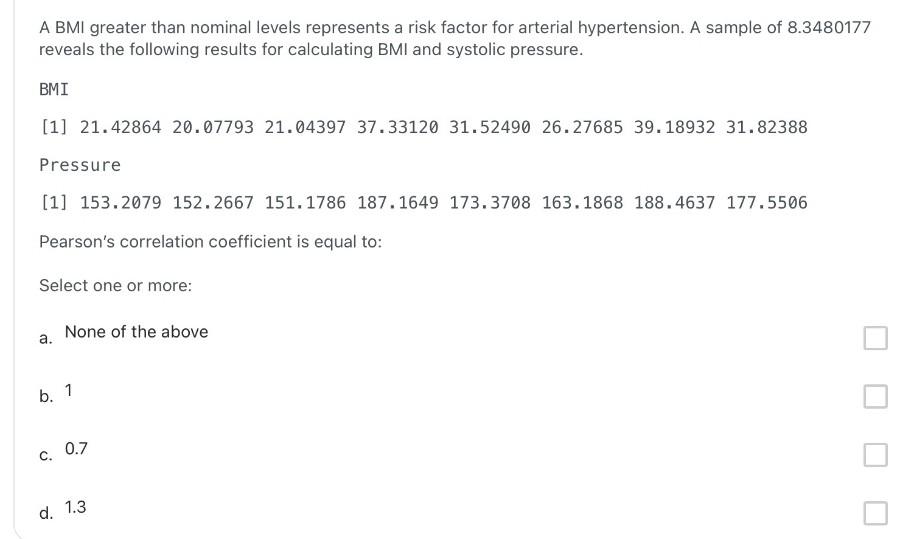 Solved A BMI greater than nominal levels represents a risk | Chegg.com