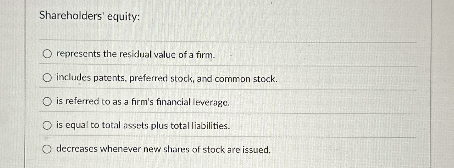 Solved Shareholders' equity:represents the residual value of | Chegg.com