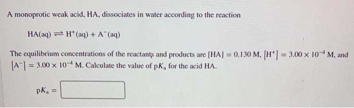 Solved A monoprotic weak acid, HA, dissociates in water | Chegg.com