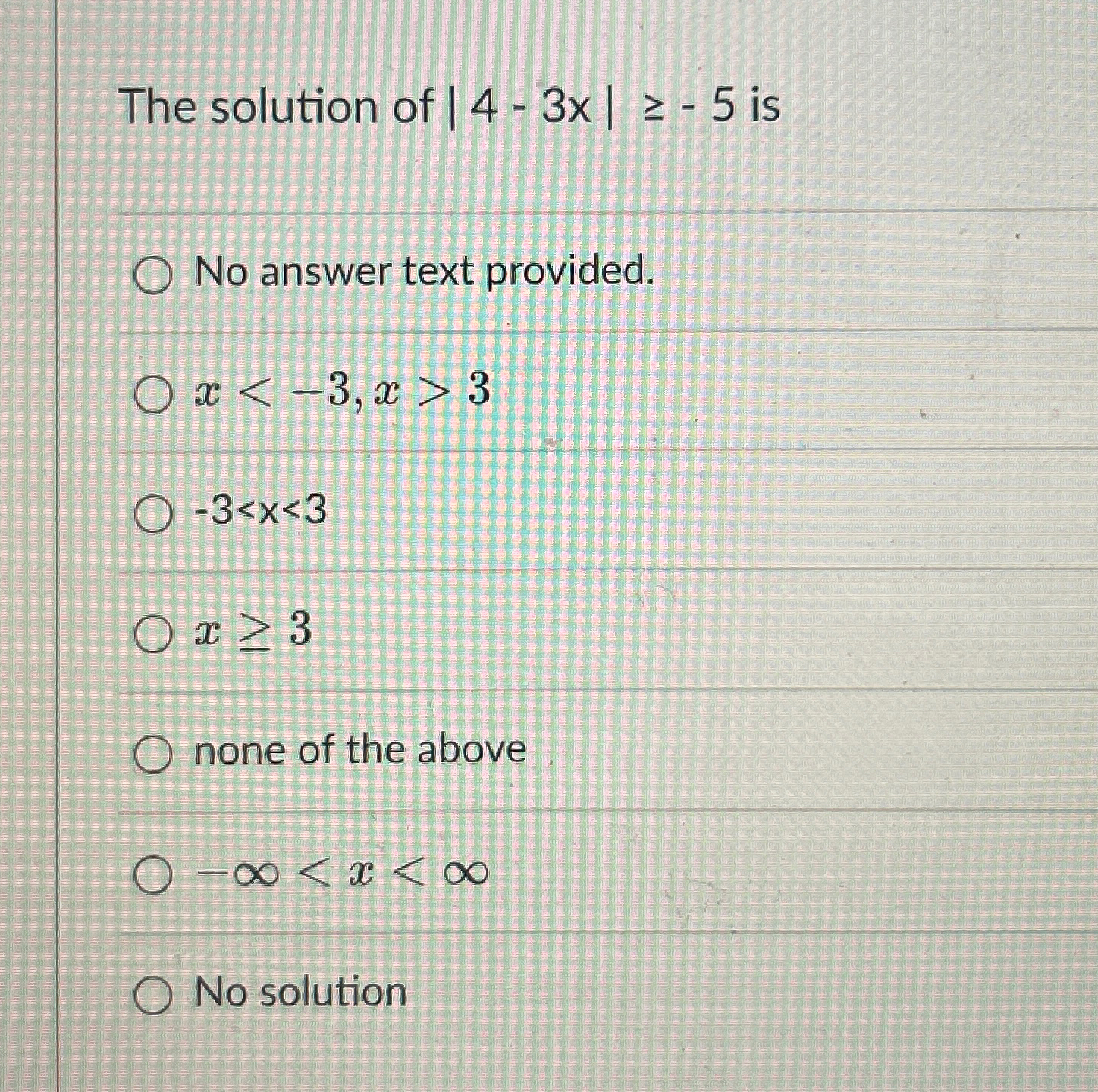 Solved The solution of |4-3x|≥-5 ﻿isNo answer text | Chegg.com